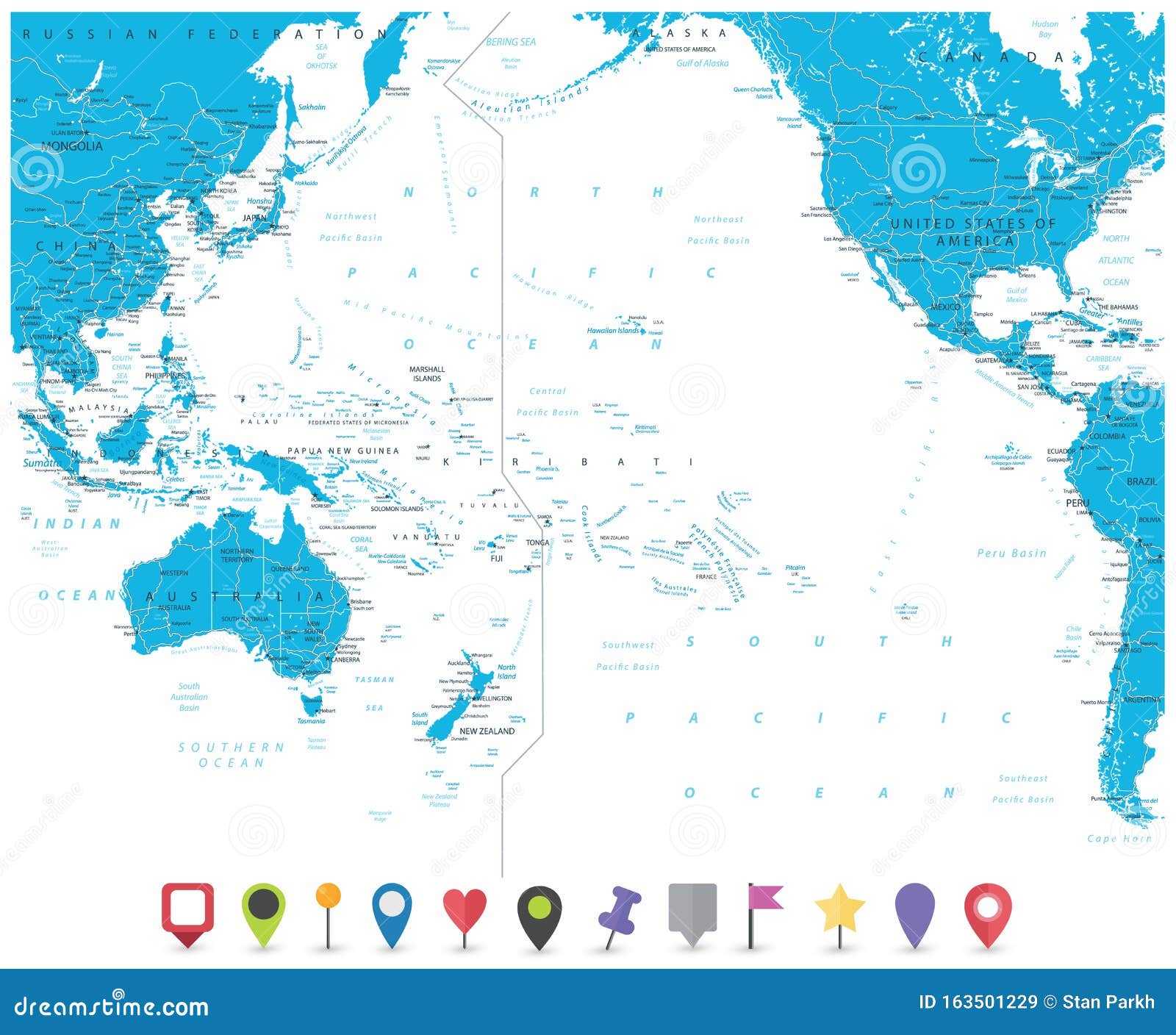Pacific Ocean Map and Roads with Map Icons Stock Vector - Illustration ...