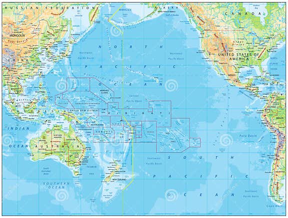 Pacific Ocean Physical Map stock vector. Illustration of centered ...