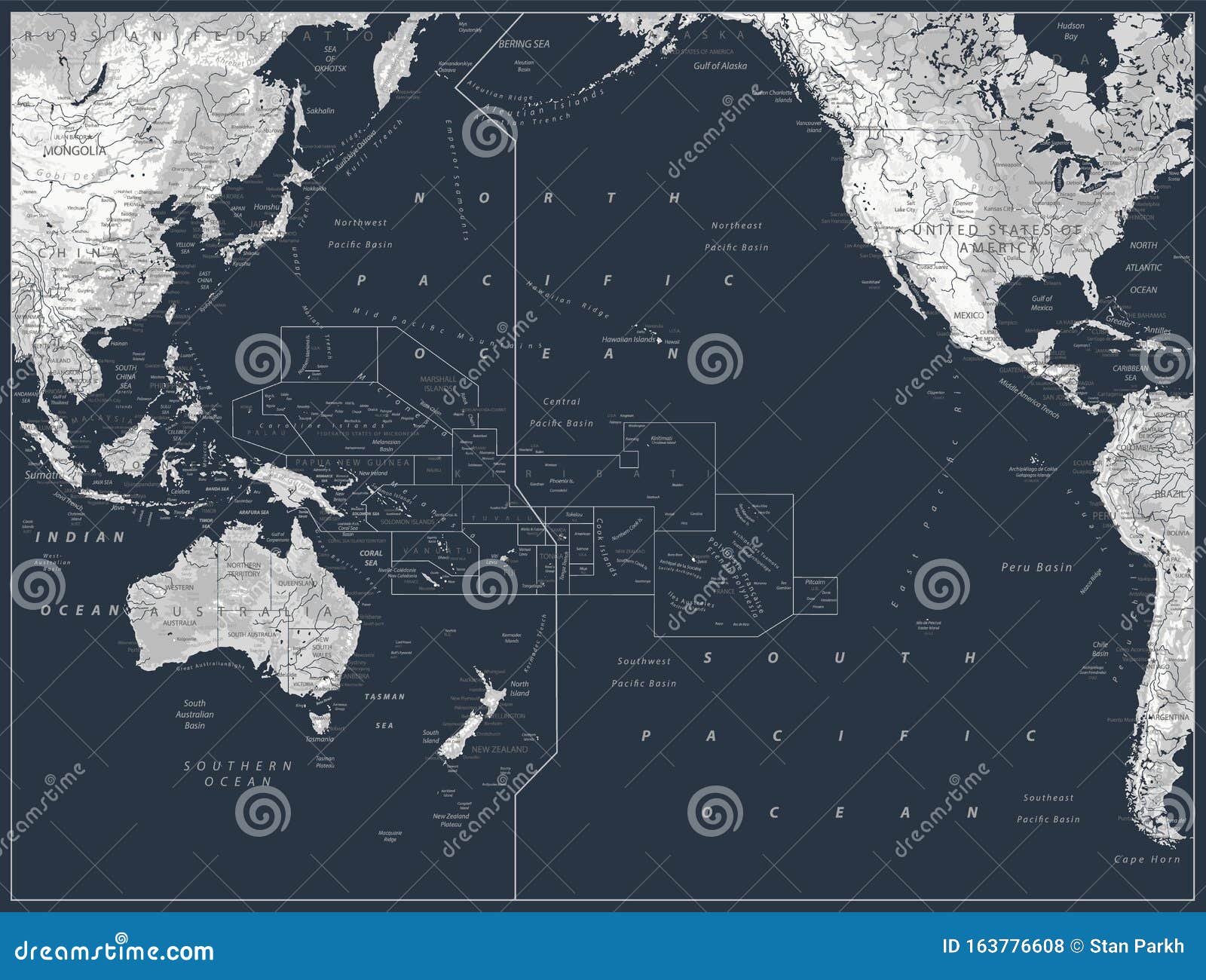 Pacific Ocean Physical Map White and Grey on Black Stock Vector ...