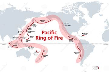 Pacific Ring of Fire, Rim of Fire, World Map with Ocean Trenches Stock ...