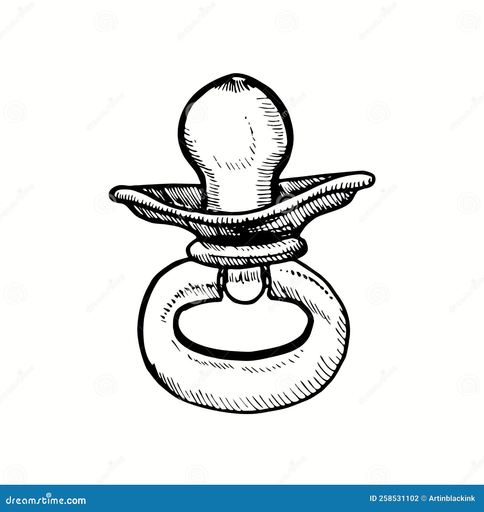Pacifier Side View. Ink Black and White Doodle Drawing in Woodcut Style ...