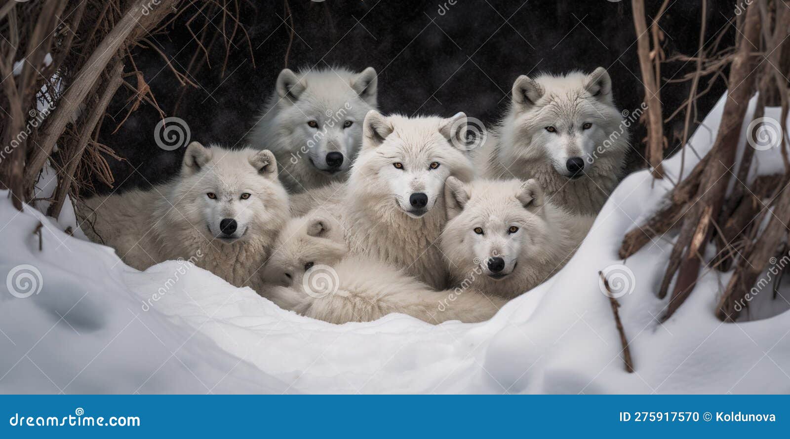A Pack of Arctic Wolves Huddled Together in a Snowy Den, Concept of ...