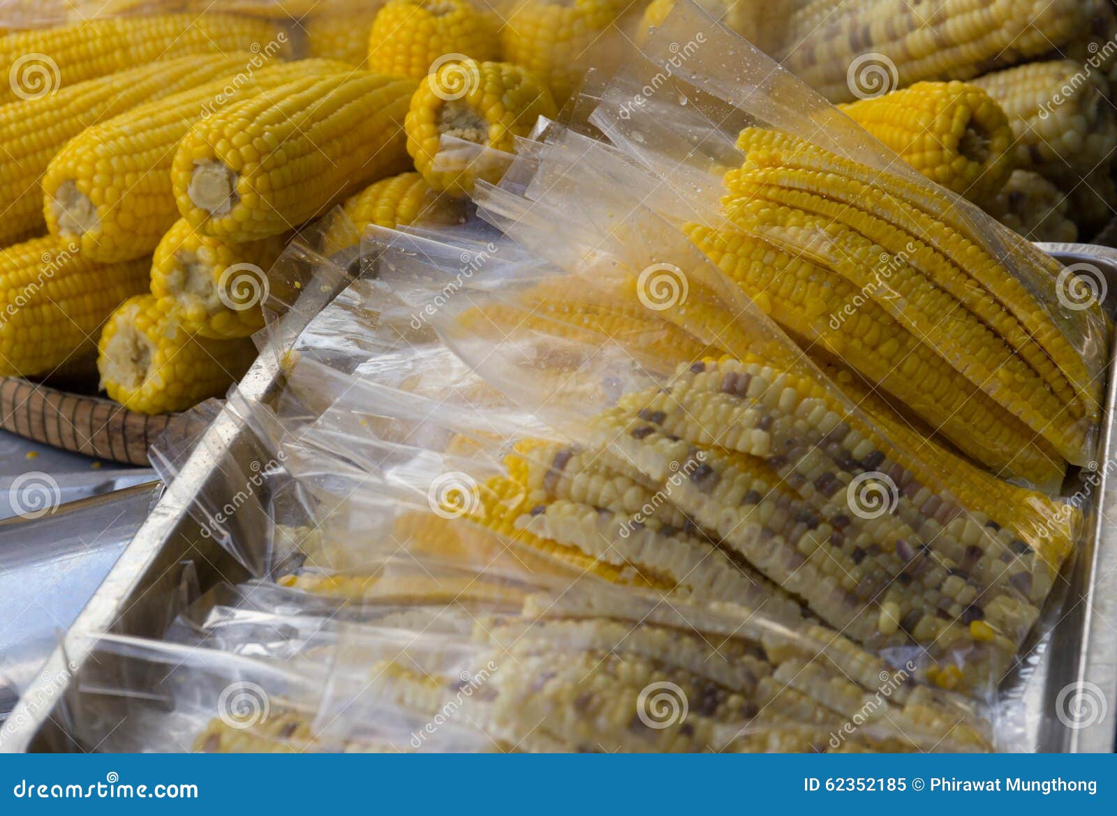 Pack of Bolied Corn on Tray in Market Stock Image - Image of boiled ...