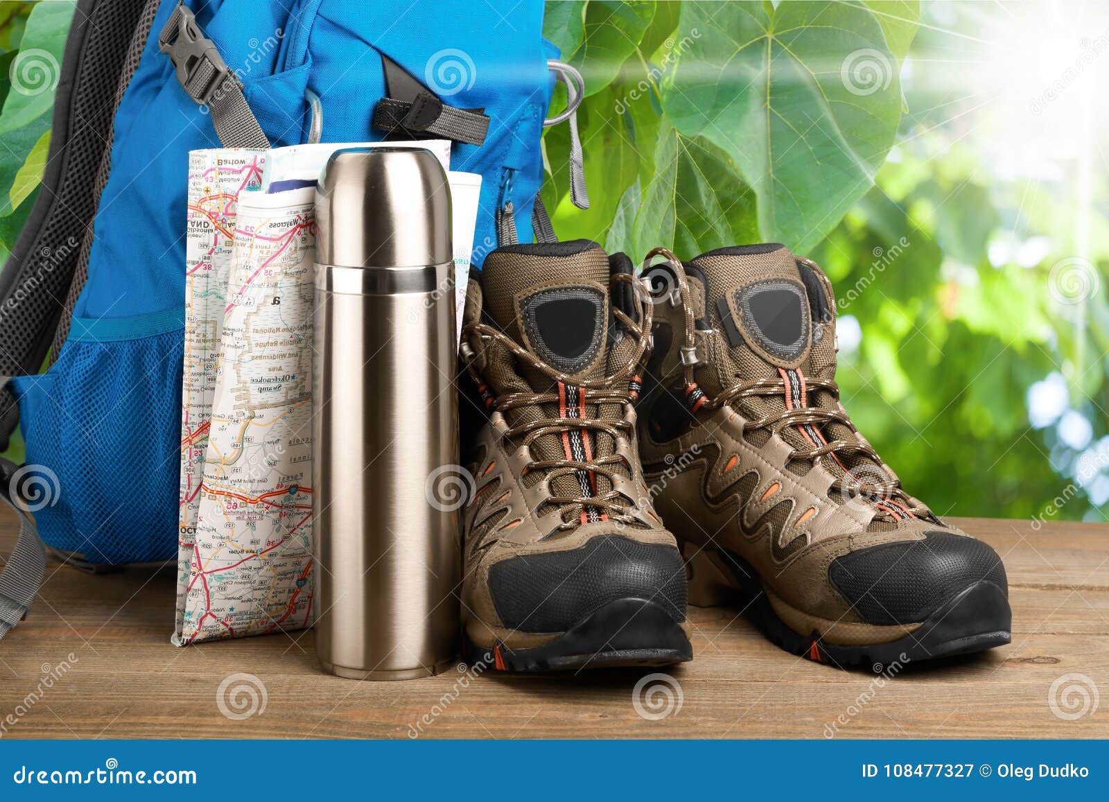Hiking Boots, Backpack and Map on Background Stock Image - Image of ...
