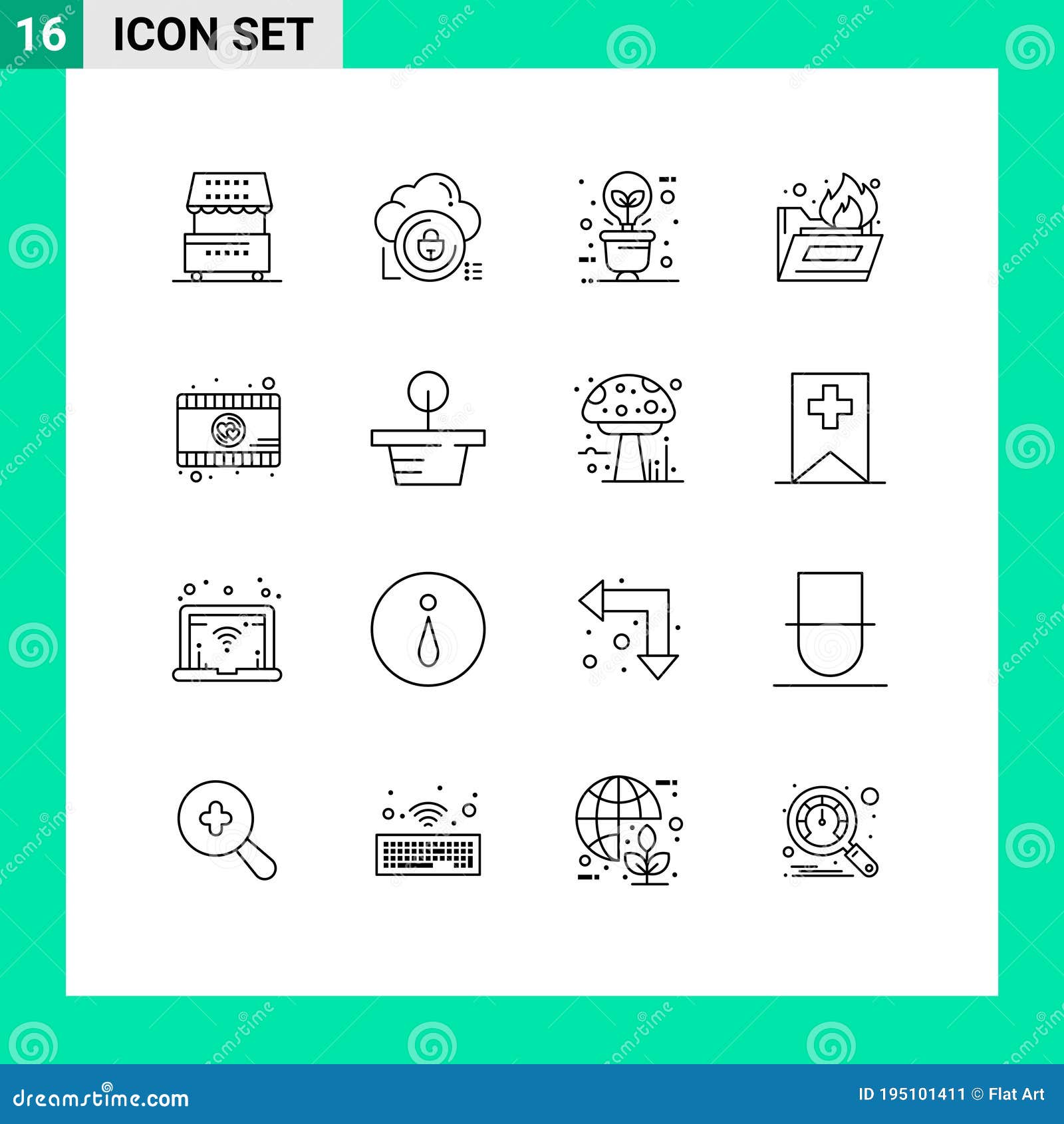 Pack of 16 Creative Outlines of Folder Fire, Folder, Lock, Light, Eco ...