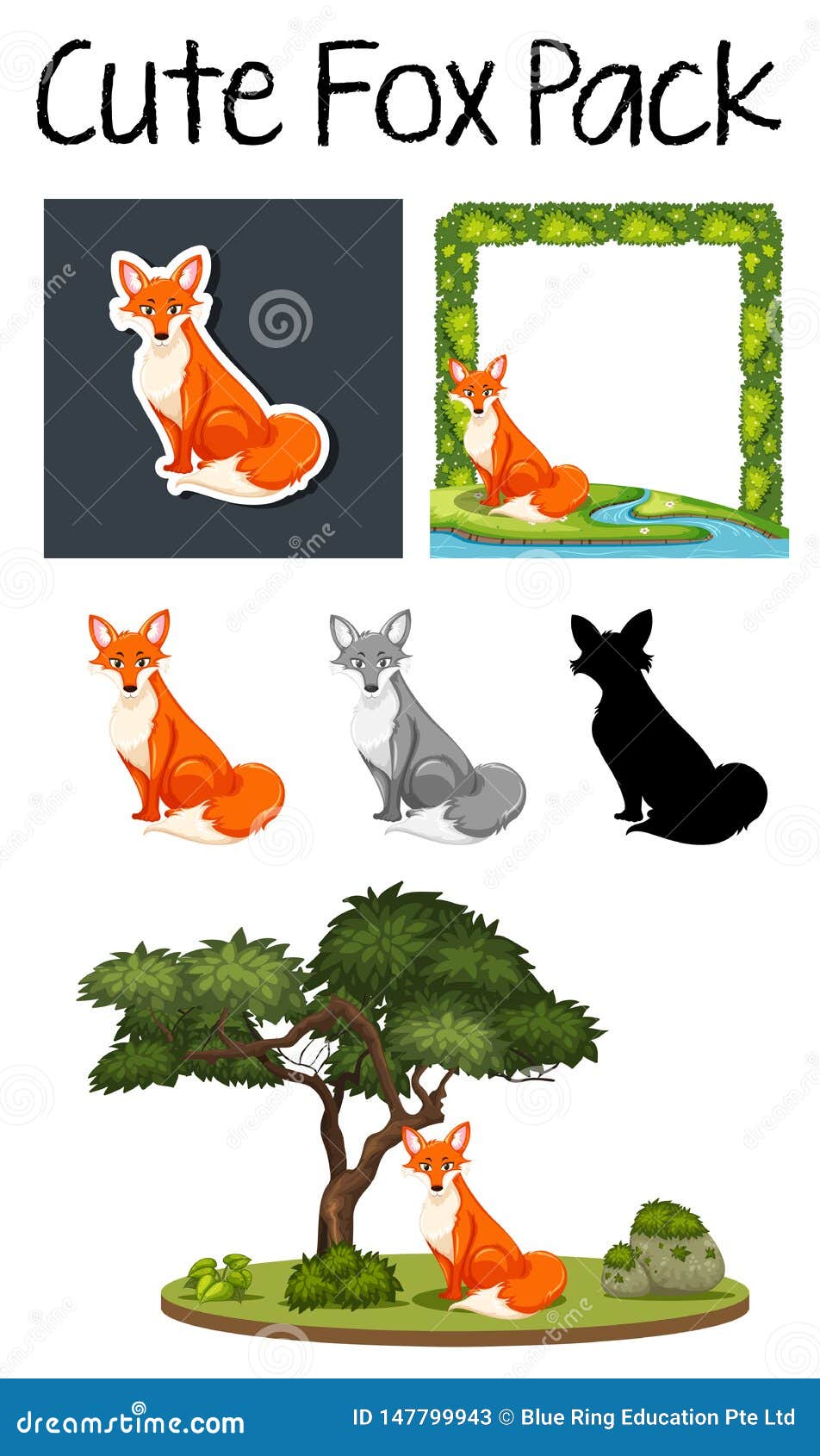 A pack of cute fox stock vector. Illustration of border - 147799943
