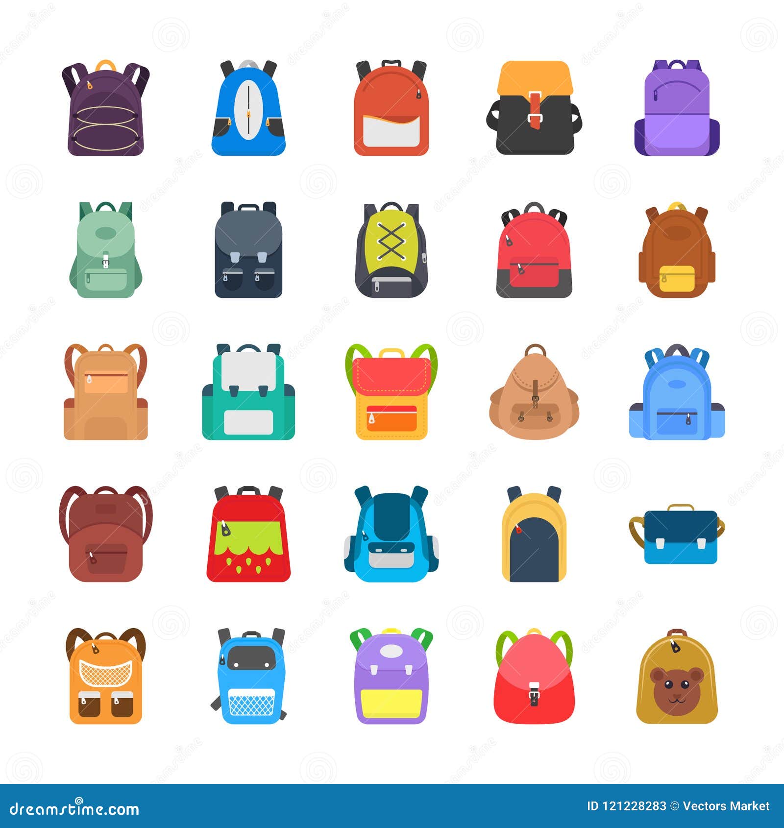 Back To School Kids School Backpack Flat Icons Set Stock Illustration ...