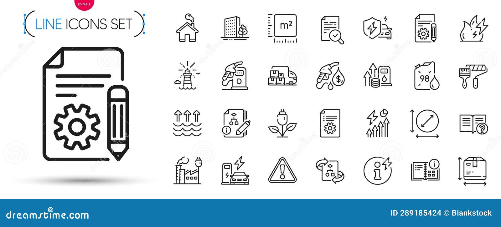 Pack of Documentation, Buildings and Power Info Line Icons. Pictogram ...