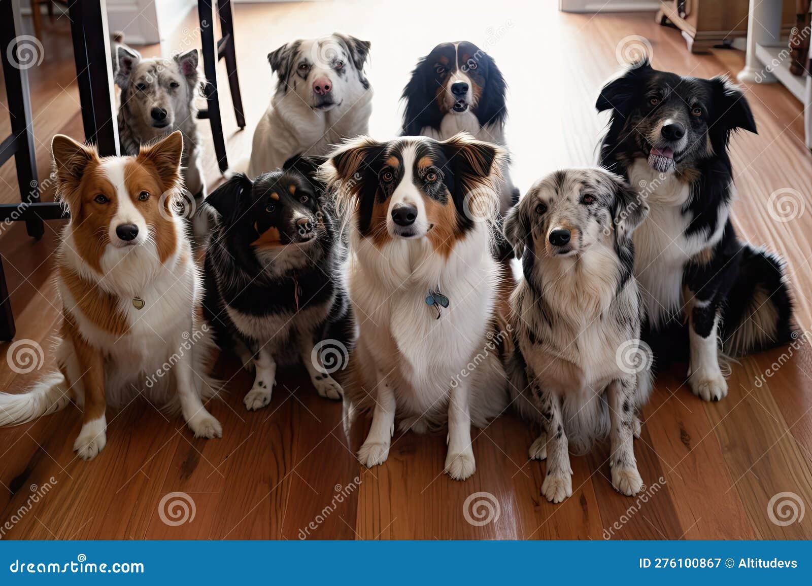A Pack of Dogs Sitting on the Floor, Their Eyes Fixed on You Stock ...