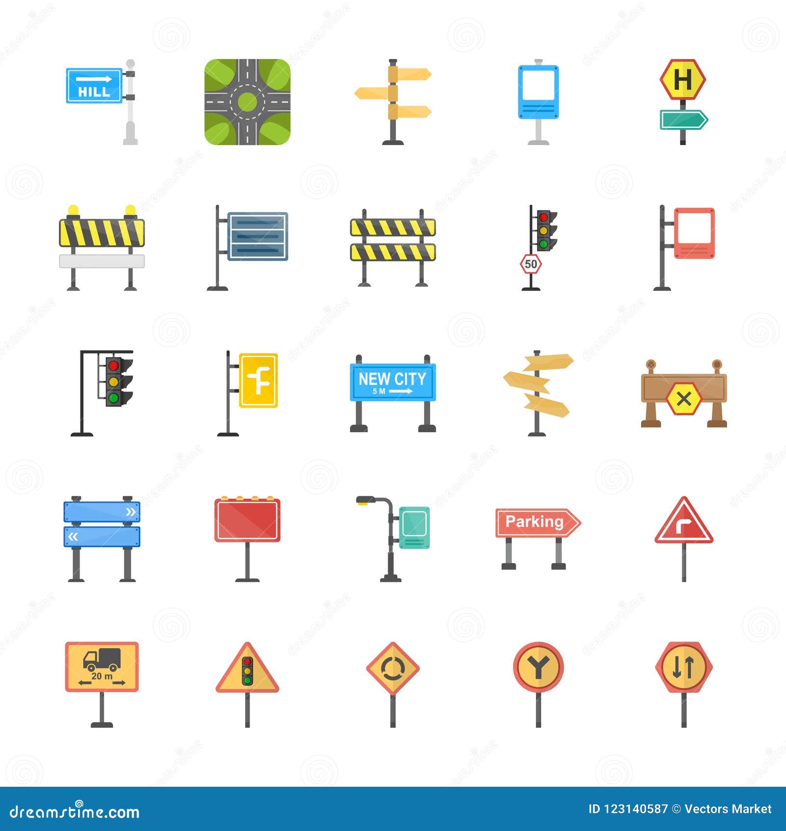 Road Signs and Junctions Flat Vector Icons Set Stock Illustration ...