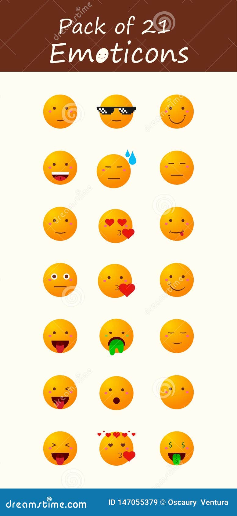 Pack of 21 Emoticons, Emojis Stock Illustration - Illustration of pack ...