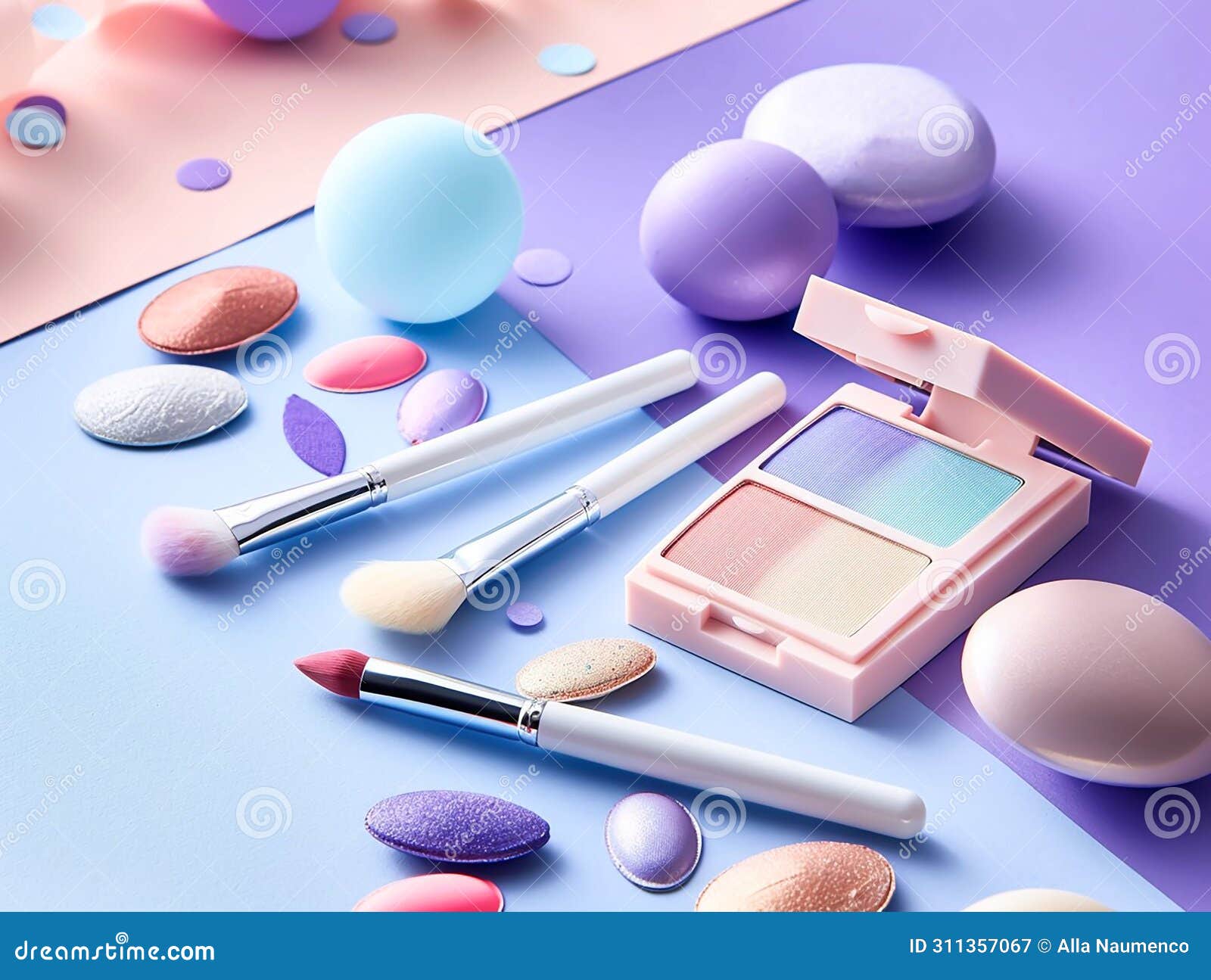 Pack Of Eyeshadows Of Various Colors With Sponge Next To A Light Purple ...