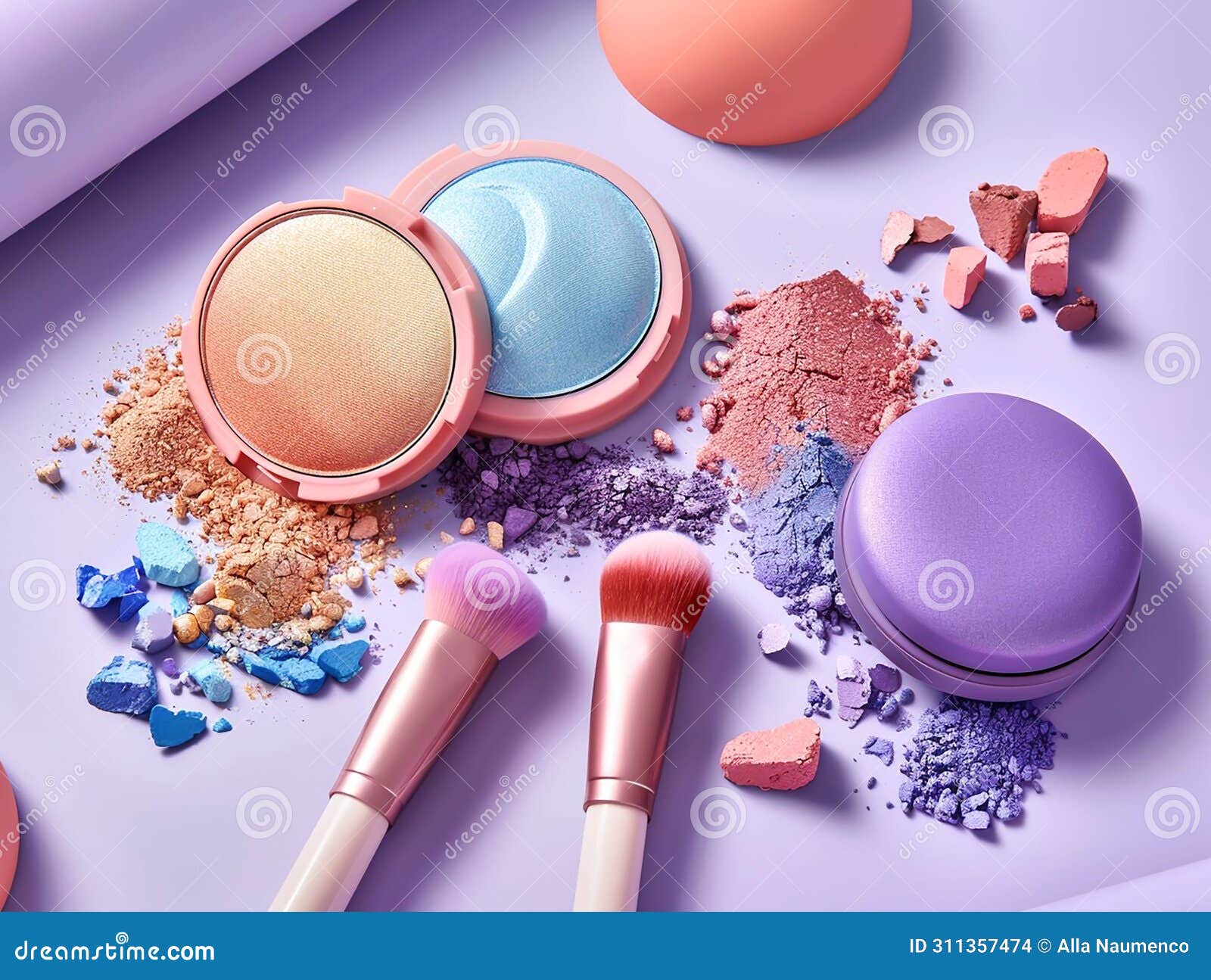 Pack Of Eyeshadows Of Various Colors With Sponge Next To A Light Purple ...