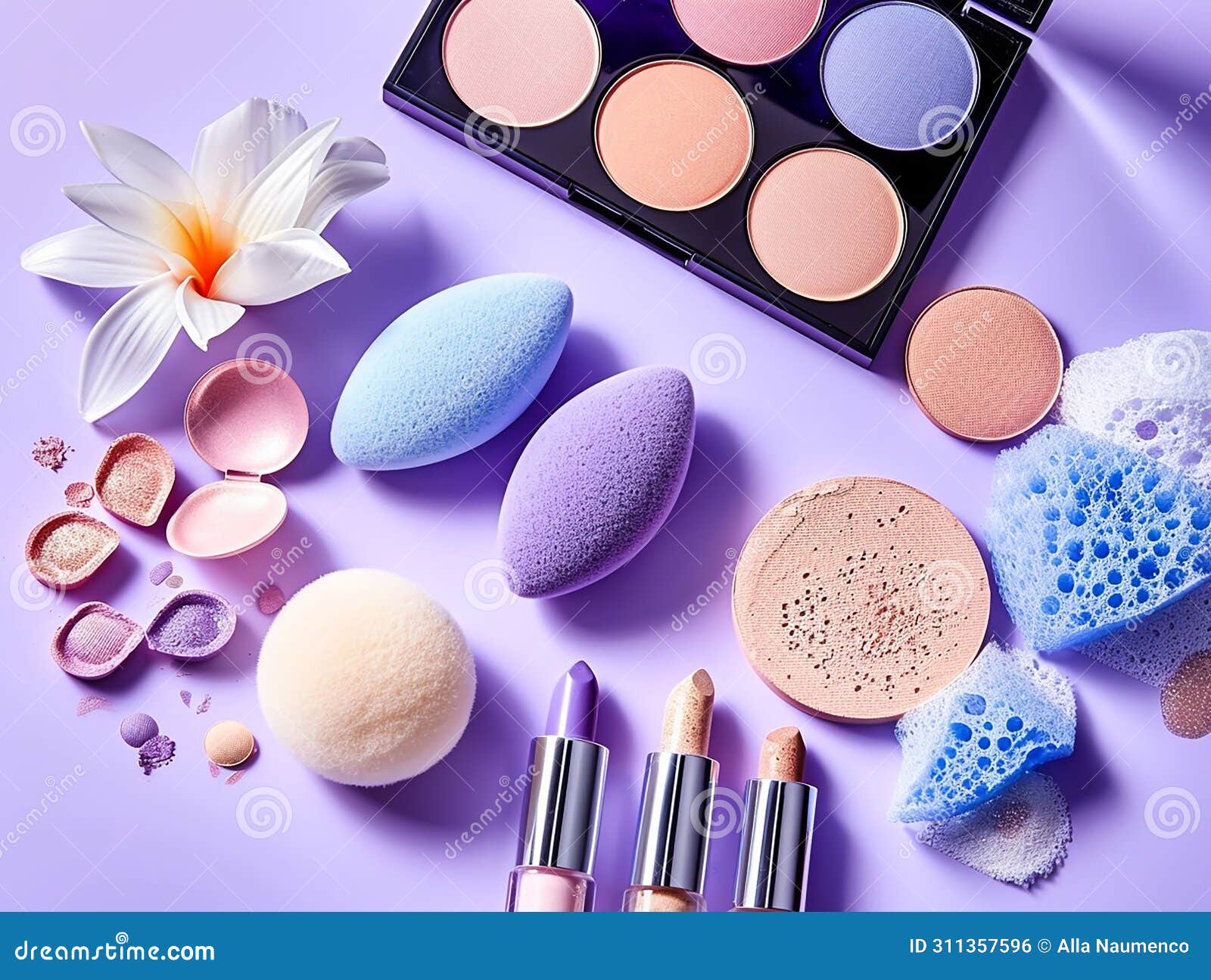 Pack Of Eyeshadows Of Various Colors With Sponge Next To A Light Purple ...