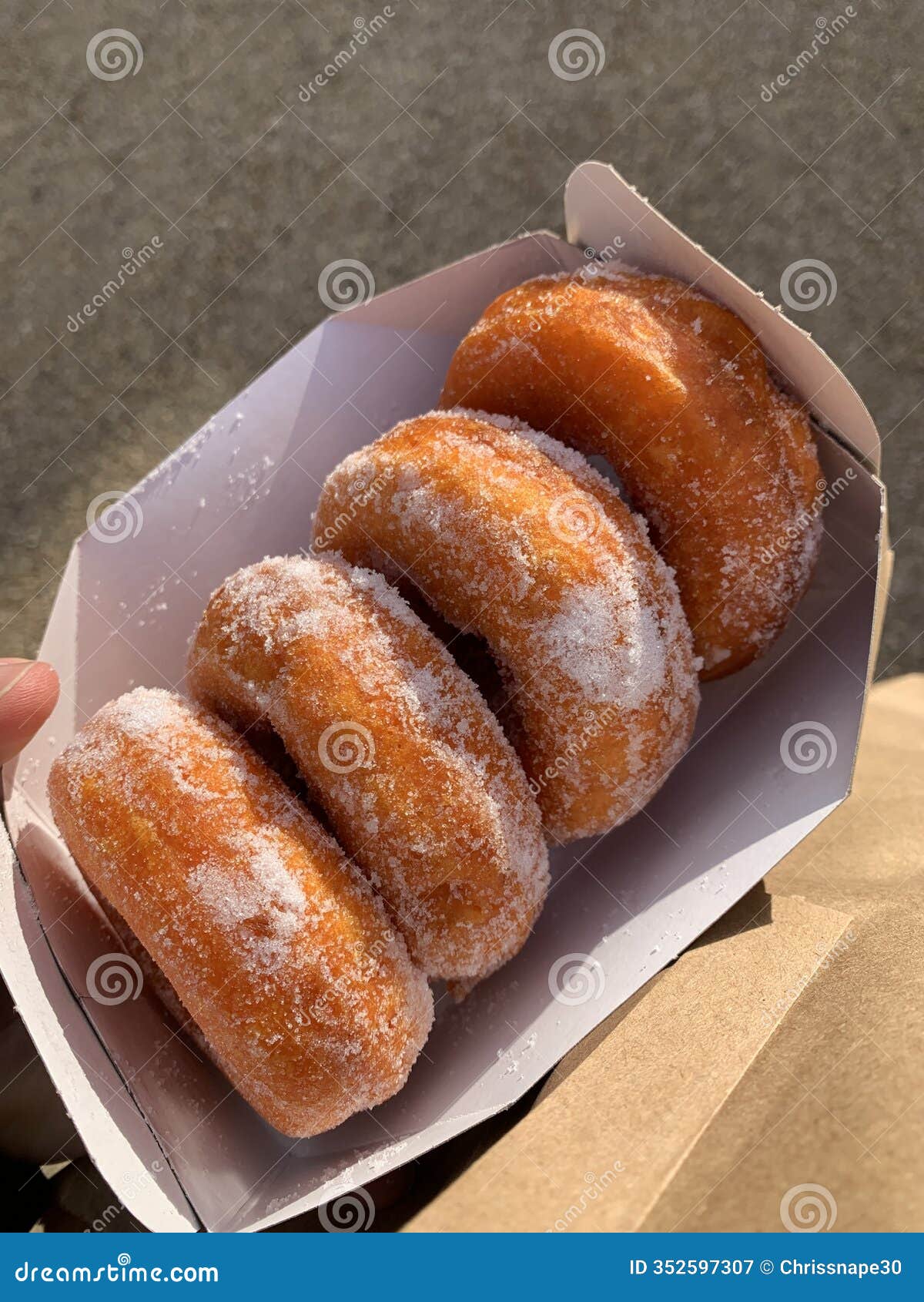 Pack of 4 Fresh Donuts with Sugar in Cardboard Container Stock Image ...