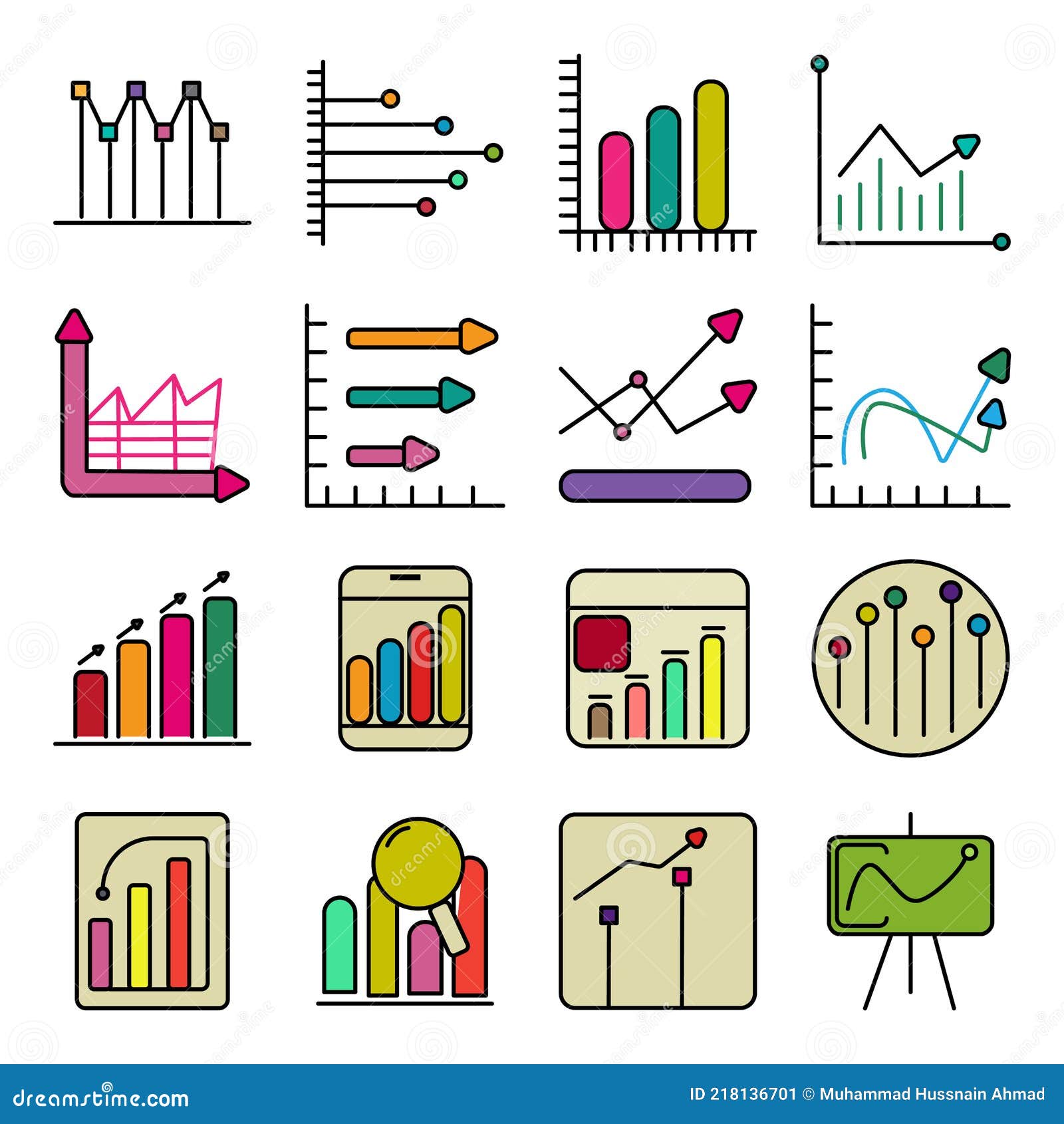 Pack of Growth Chart Flat Icons Stock Vector - Illustration of progress, report: 218136701