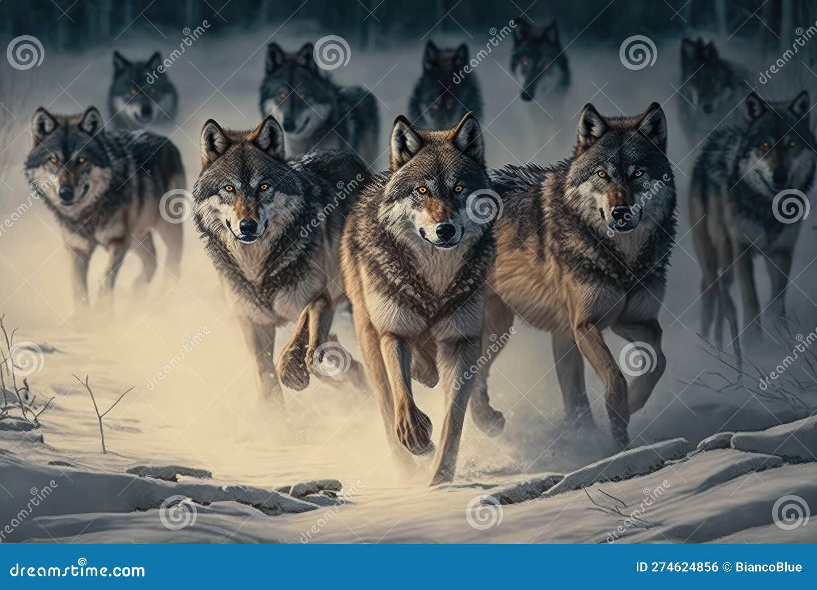 Pack of Hungry Wolves Hunting in Winter Stock Photo - Image of outside ...