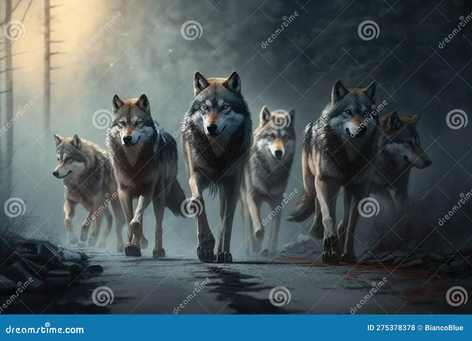 Pack of Hungry Wolves Hunting in Winter Stock Illustration ...
