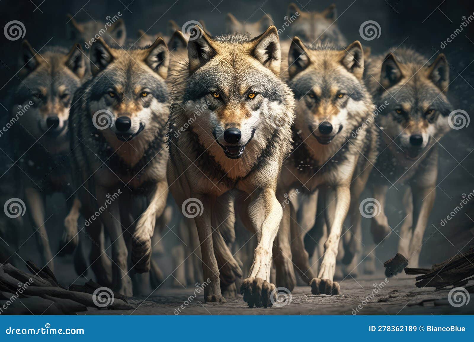 Pack of Hungry Wolves Hunting in Winter Stock Illustration ...