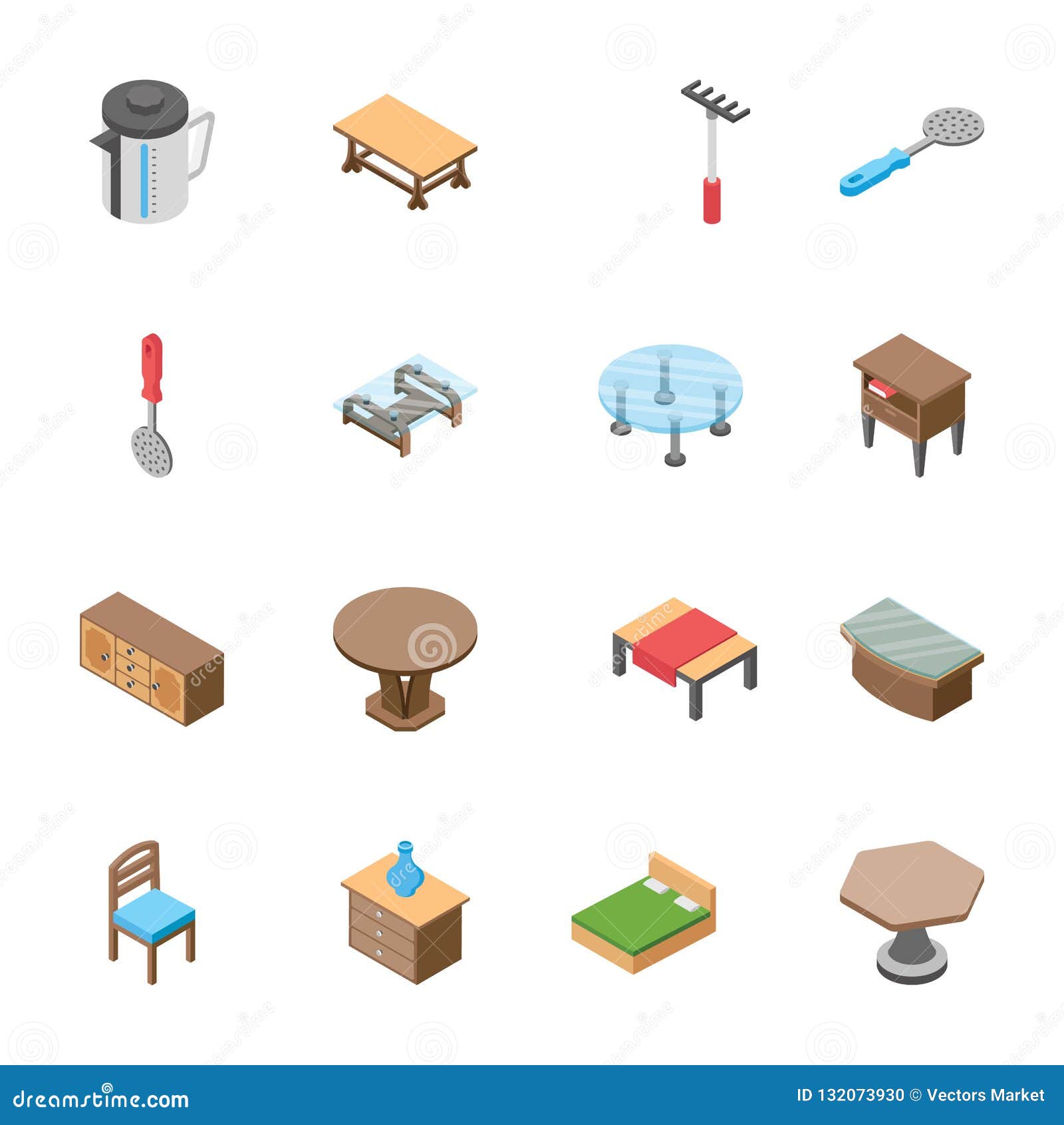 Pack of Isometric Objects stock illustration. Illustration of utensil ...