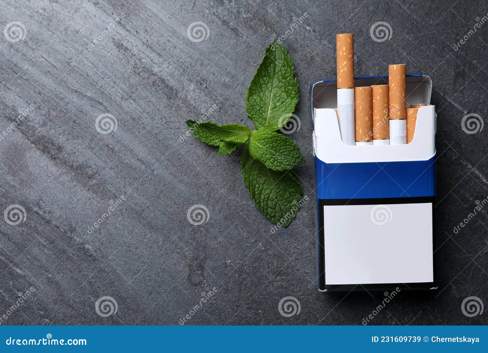 Pack of Menthol Cigarettes and Mint on Grey Table, Flat Lay. Space for ...