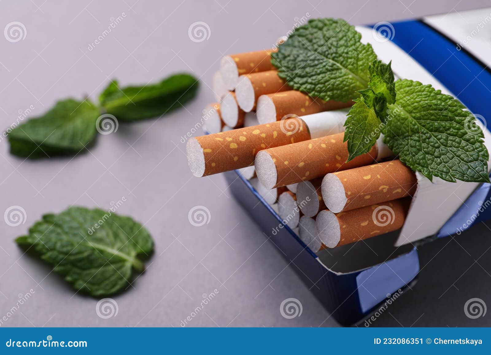 Pack of Menthol Cigarettes and Mint Leaves on Grey Background, Closeup ...
