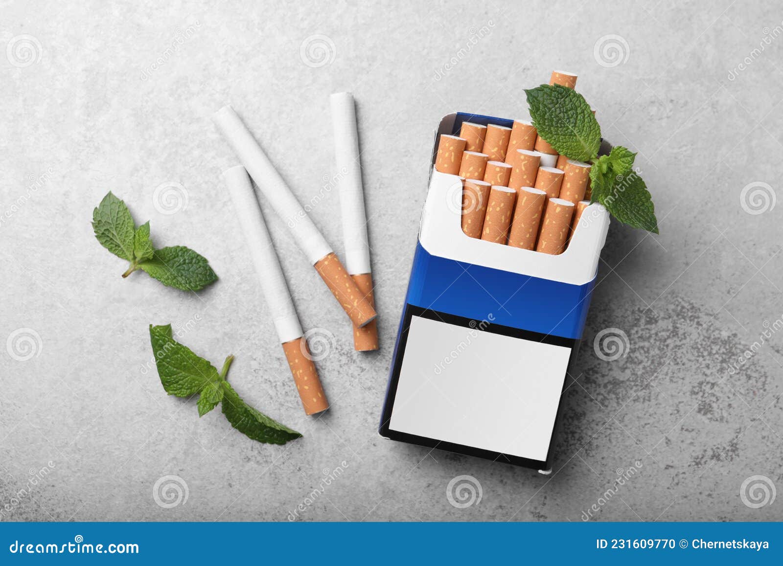 Pack of Menthol Cigarettes and Mint Leaves on Grey Table, Flat Lay ...