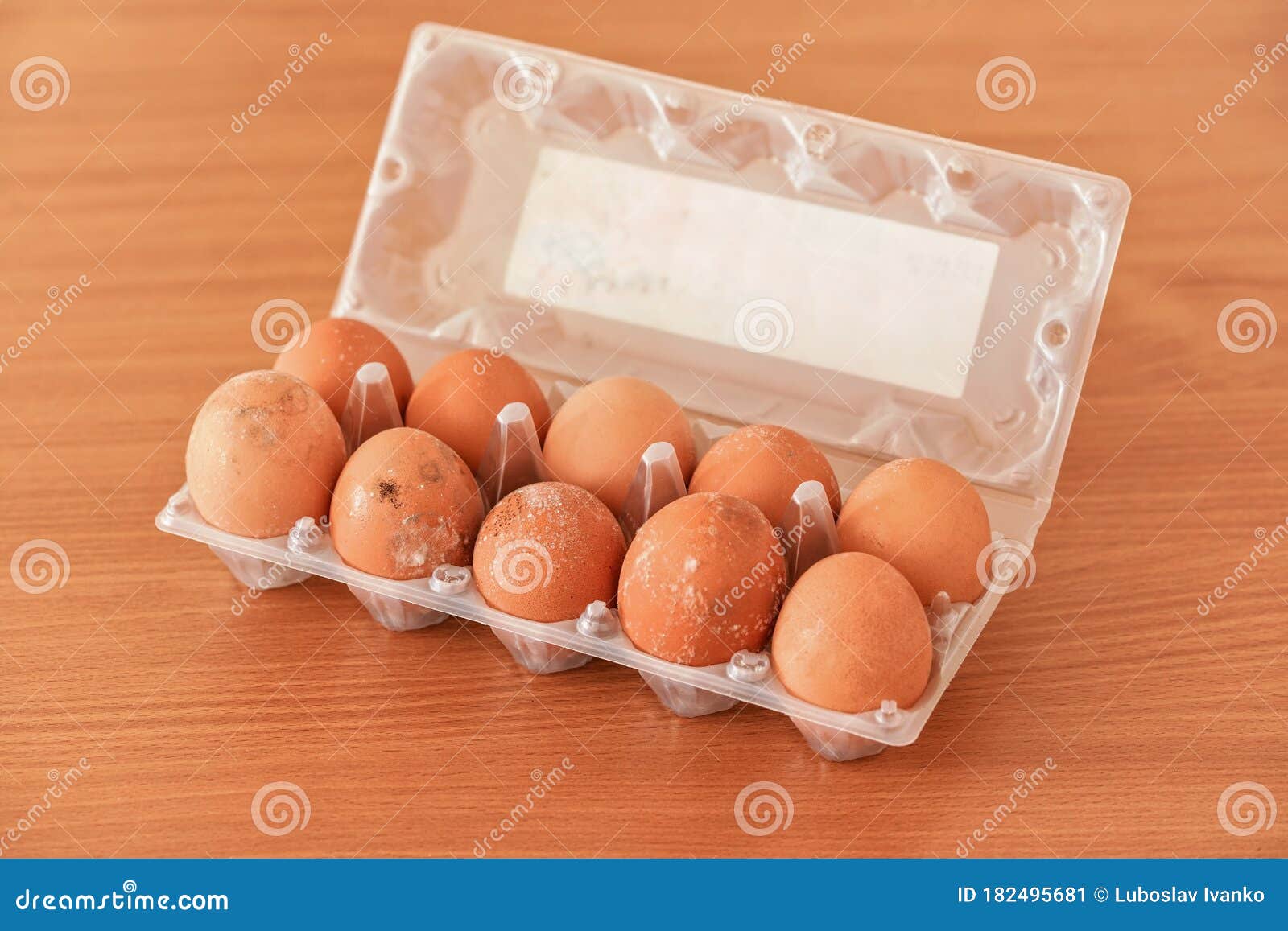 Ten Mouldy Eggs In Plastic Packaging, Mildew Growing On Shell As They ...