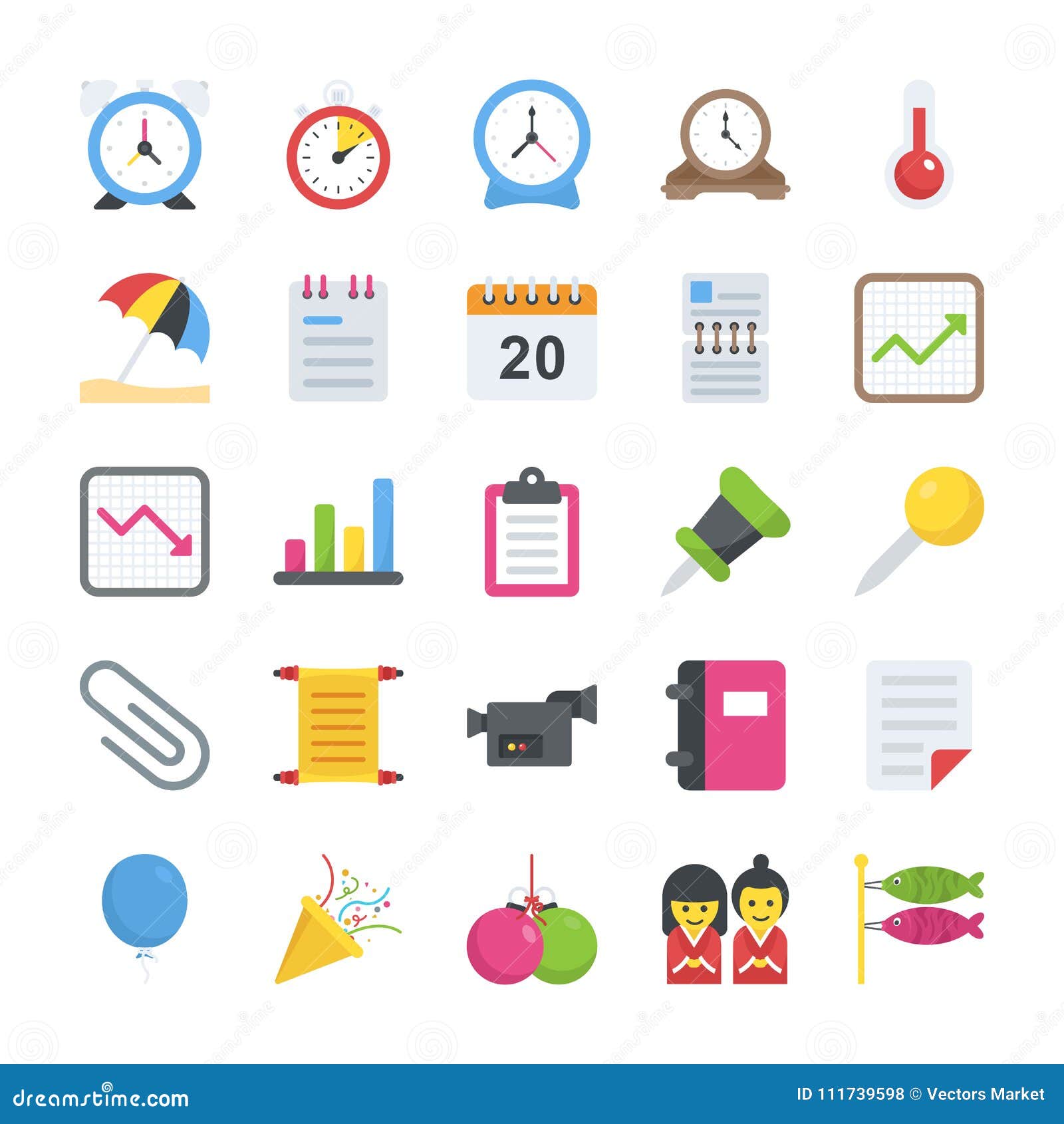 Objects Flat Icons stock illustration. Illustration of clock - 111739598