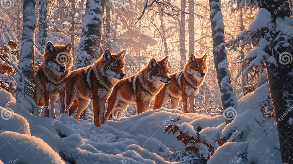 A Pack of Red Wolves in a Snowy Forest at Sunset Stock Illustration ...