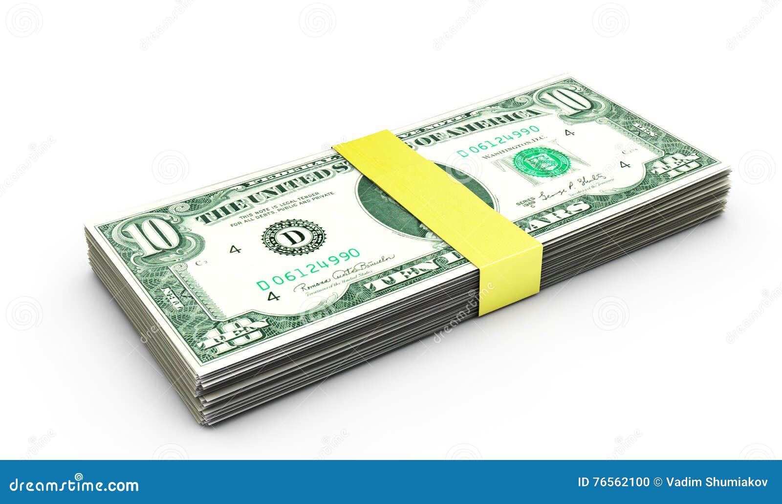 Pack of Ten Dollars Bank Notes. 3D Illustration. Stock Illustration ...