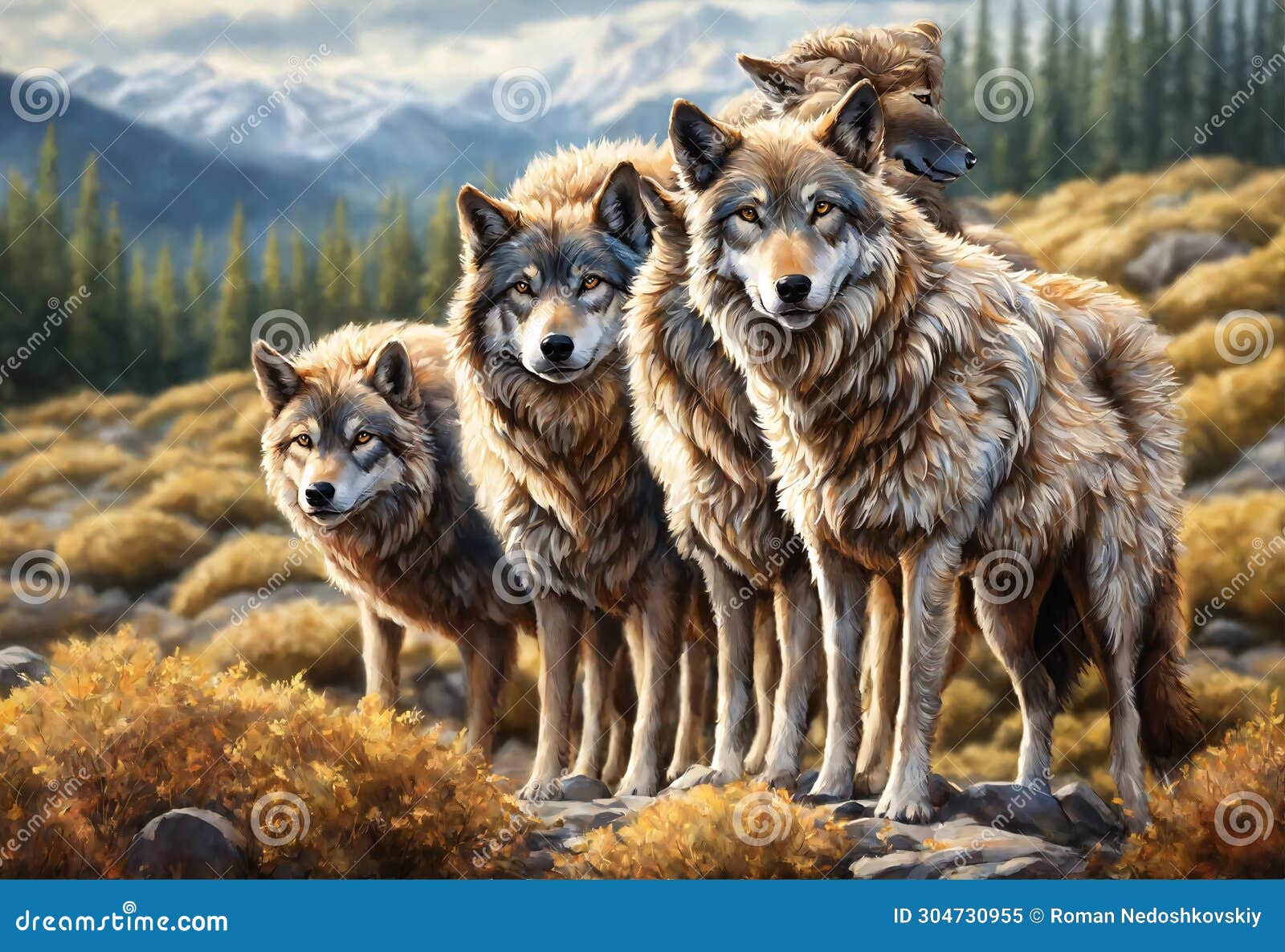 Wild Wolves Surrounded By Glowing Golden Light, Running Through The ...