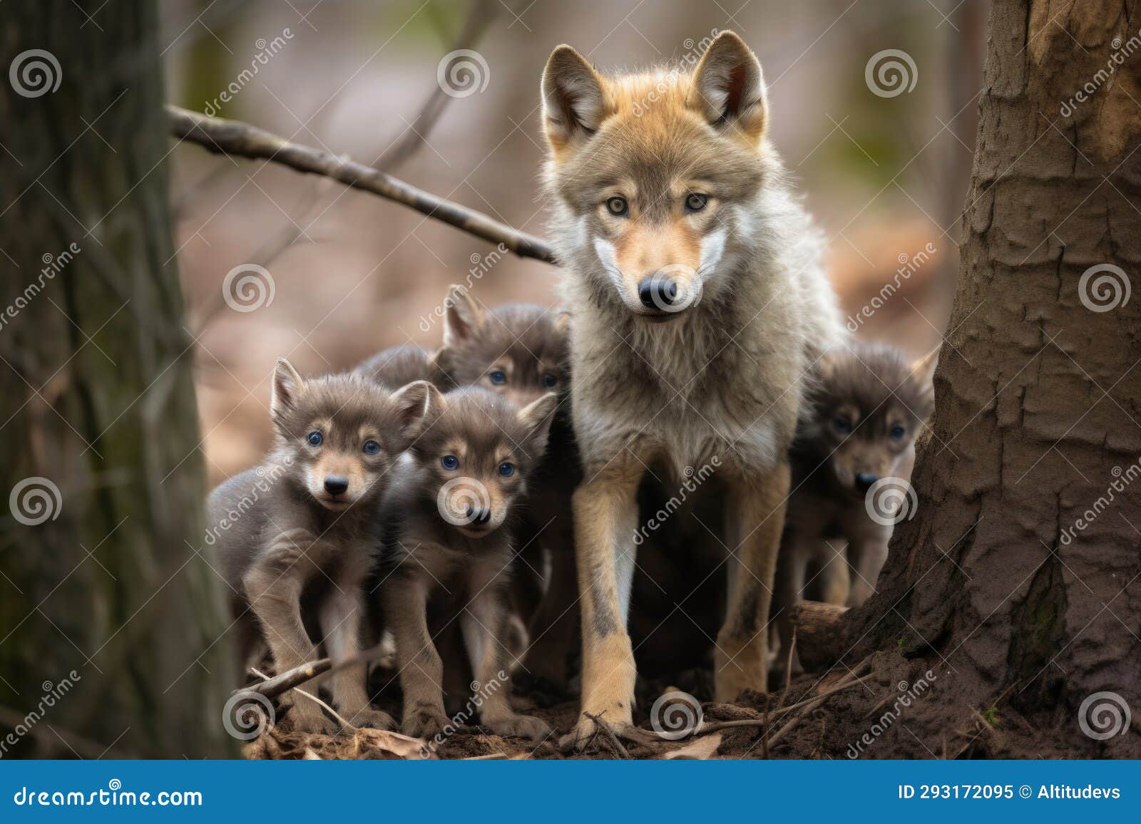 A pack of wolves with cubs stock image. Image of animals - 293172095