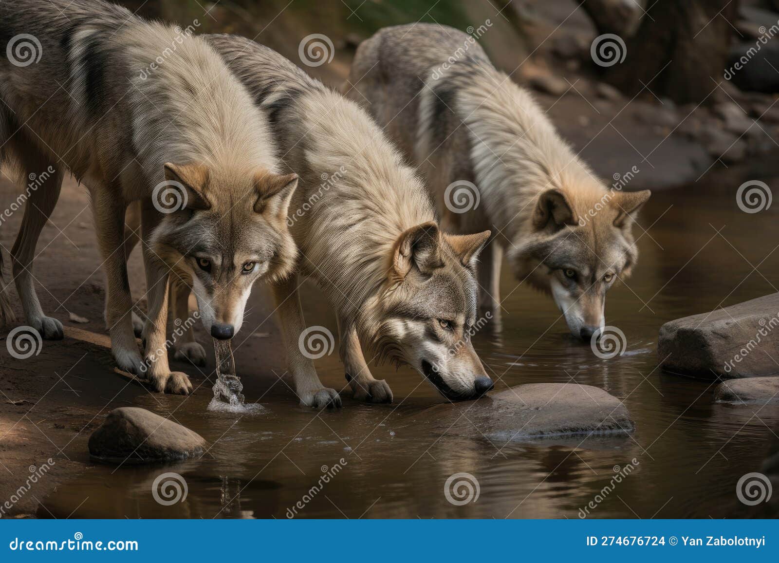A Pack of Wolves Drinking from a Mountain Stream. Generative AI Stock ...