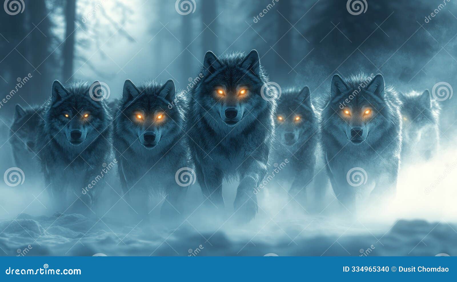 A Pack of Wolves with Glowing Eyes Emerges from Misty Forest, Creating ...