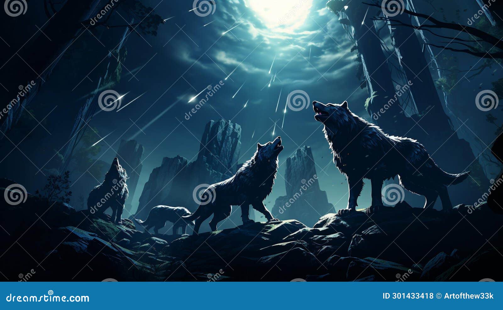 A Pack of Wolves Howling at the Moon Stock Illustration - Illustration ...