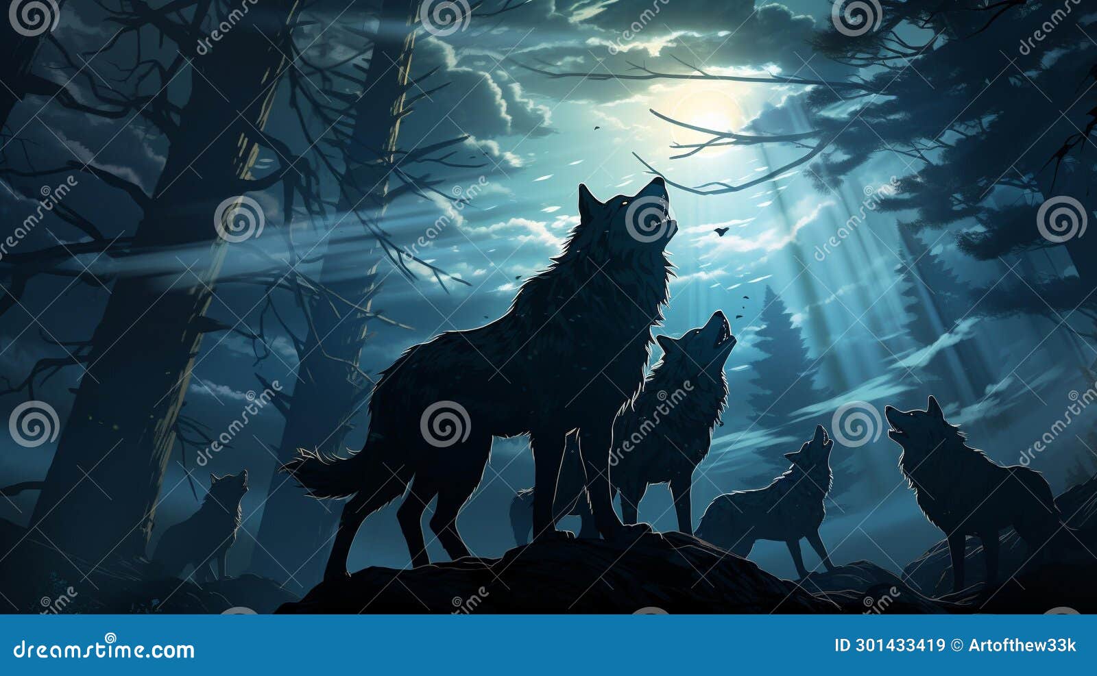 A Pack of Wolves Howling at the Moon Stock Illustration - Illustration ...