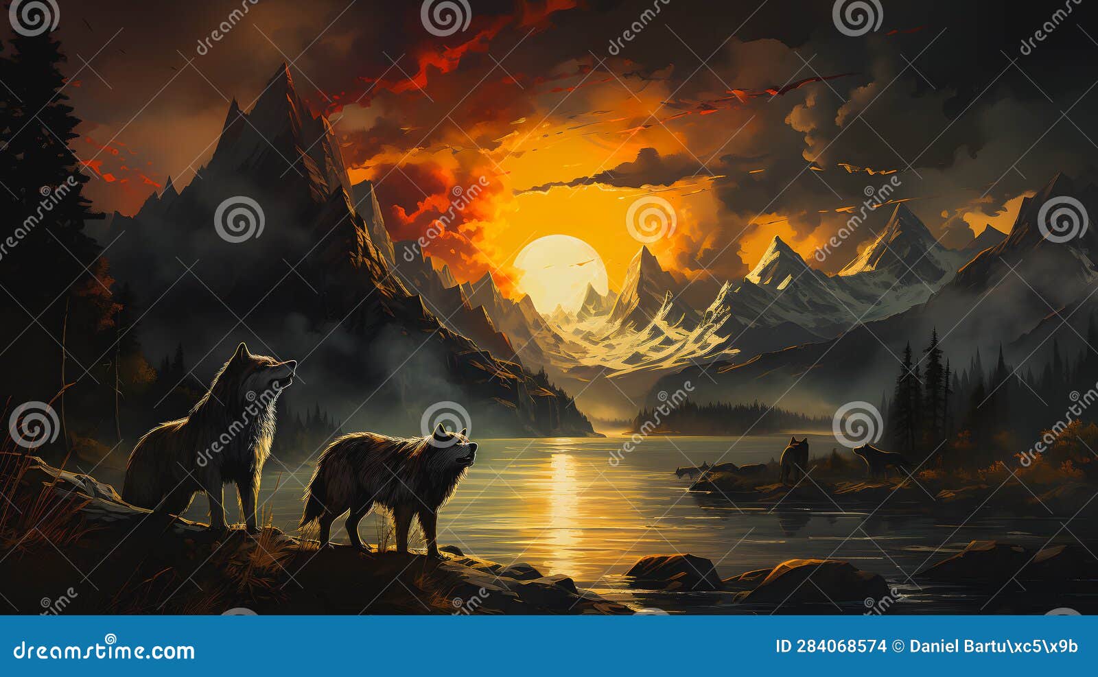 A Pack of Wolves by the Lake in the Mountains at Sunset. Generative AI ...