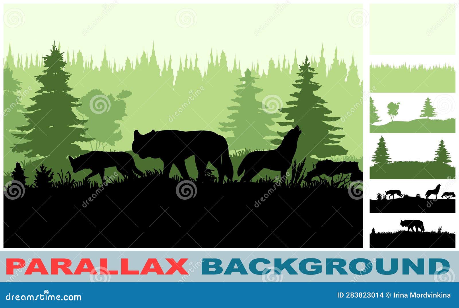 Pack of Wolves in Meadow at Edge of Forest. Landscape with Predators ...