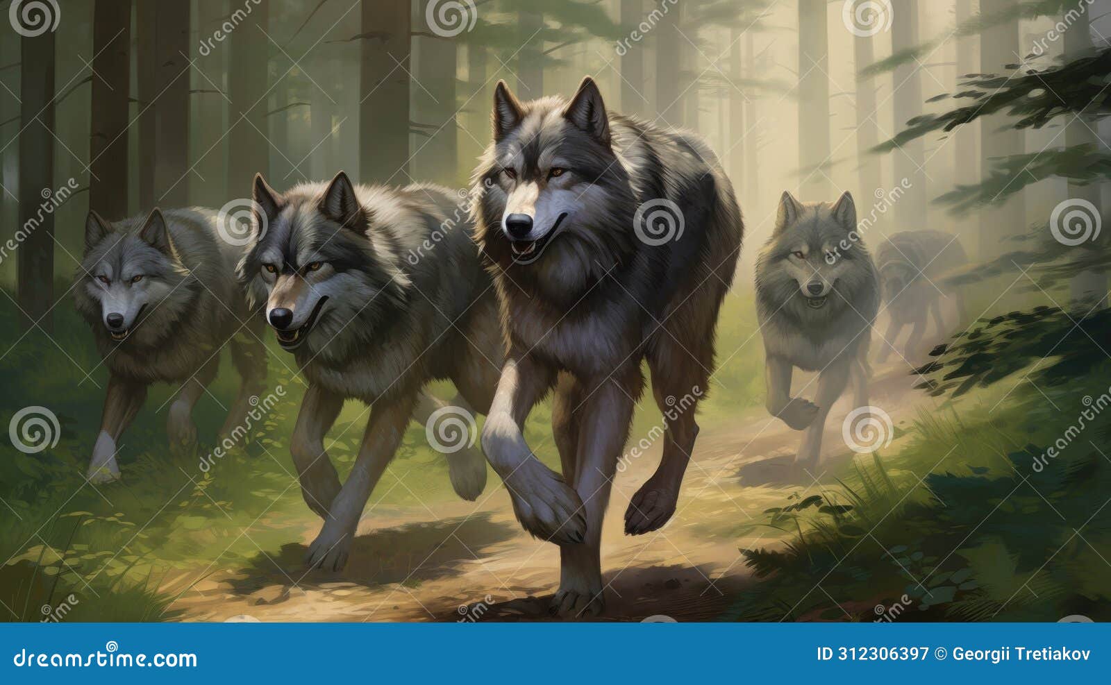 Pack of Wolves Moving through Forest Stock Illustration - Illustration ...