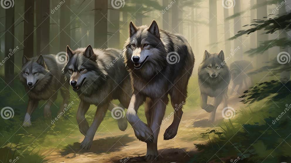 Pack of Wolves Moving through Forest Stock Illustration - Illustration ...