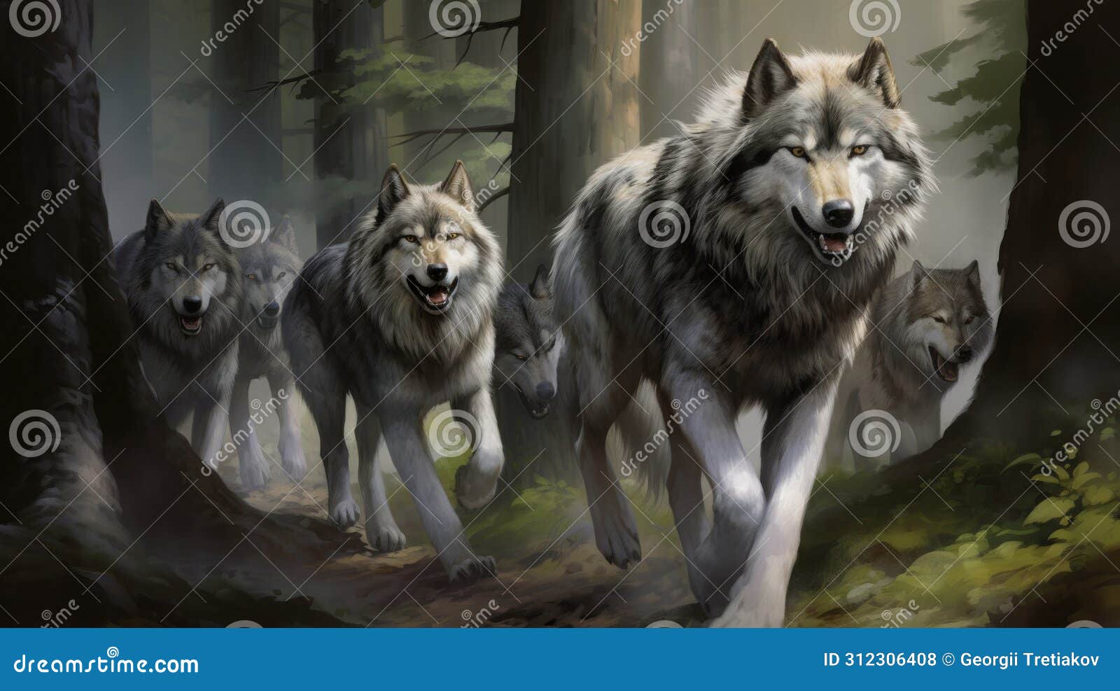 Pack of Wolves Moving through Forest Stock Illustration - Illustration ...