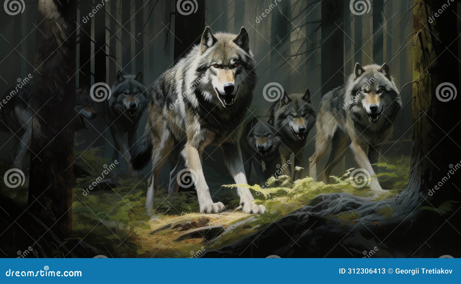 Pack of Wolves Moving through Forest Stock Illustration - Illustration ...