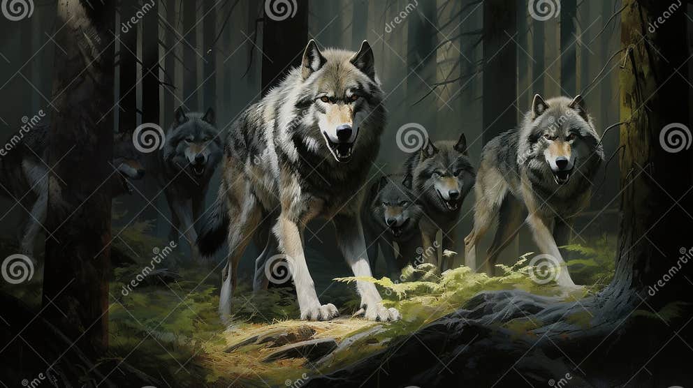 Pack of Wolves Moving through Forest Stock Illustration - Illustration ...