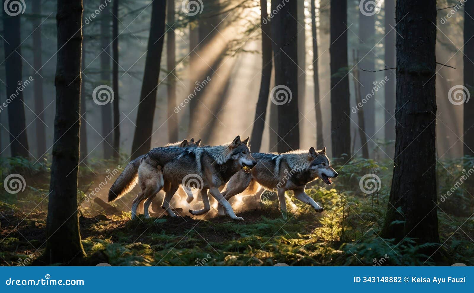 A Pack of Wolves Moving through a Misty Forest with Sunlight Streaming ...