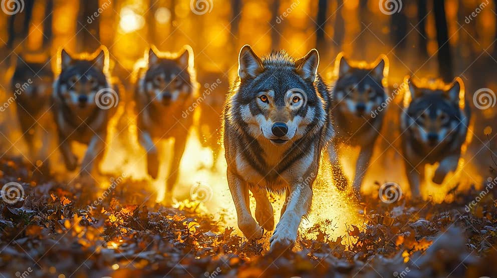 A Pack of Wolves Running through a Dense Forest at Dusk Stock Image ...