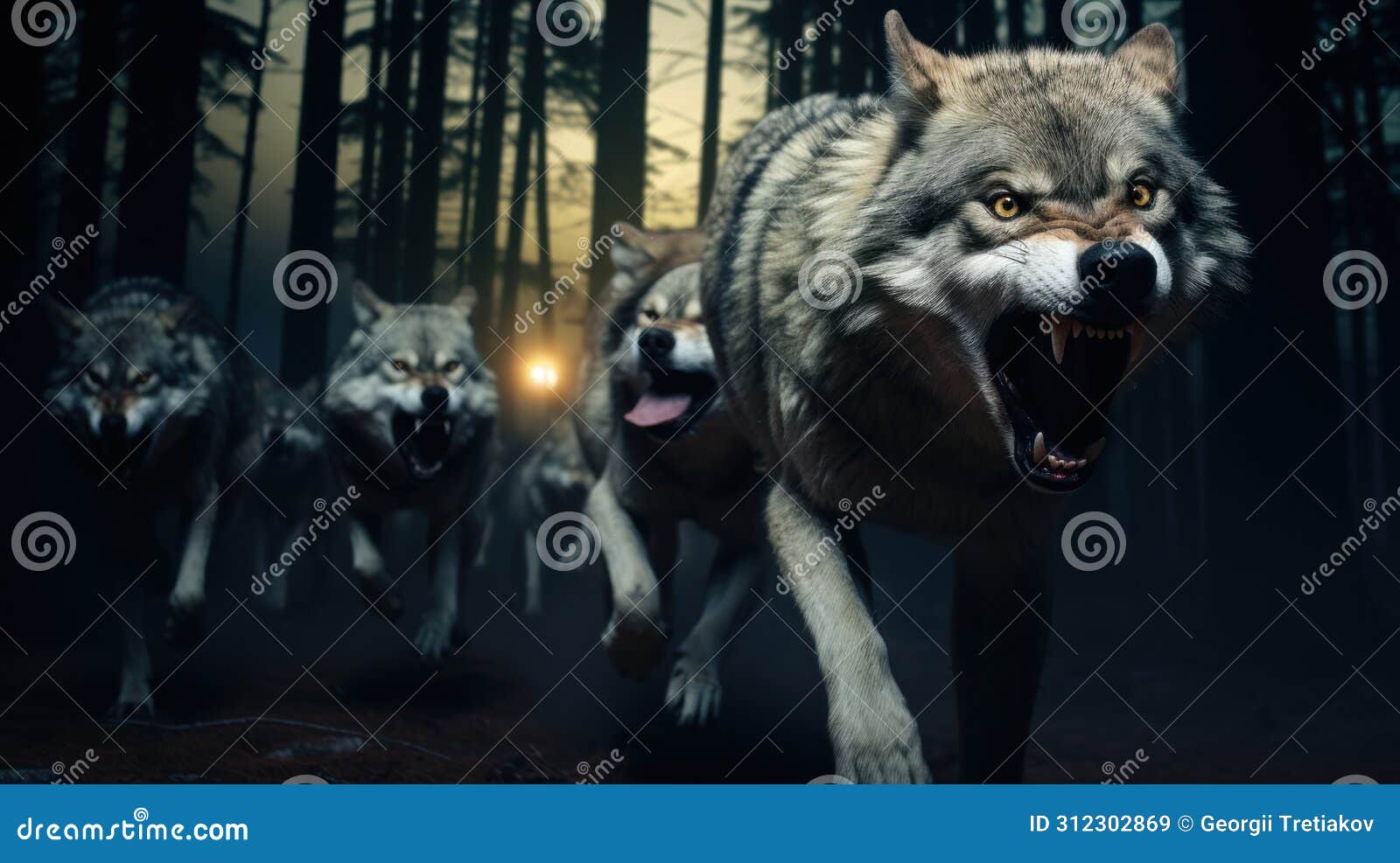 Pack of Wolves Running in the Forest at Dusk Stock Illustration - Illustration of wild ...