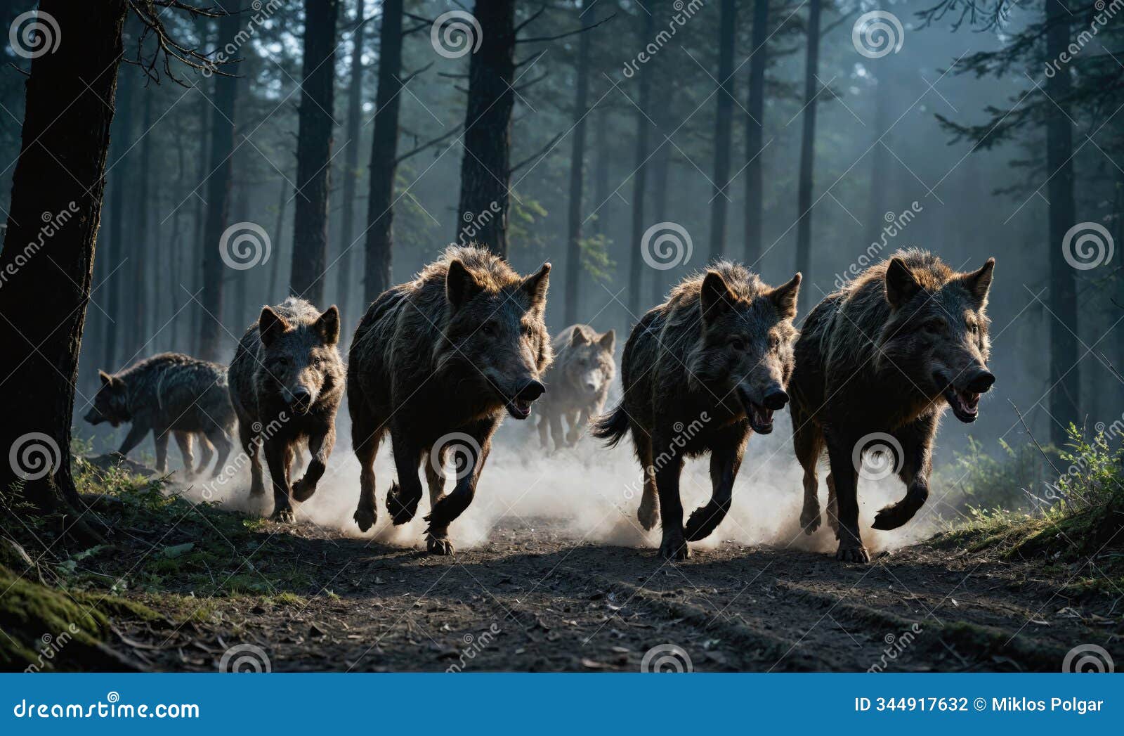 A Pack of Wolves Runs through a Dense Forest, Their Fur Blending with ...