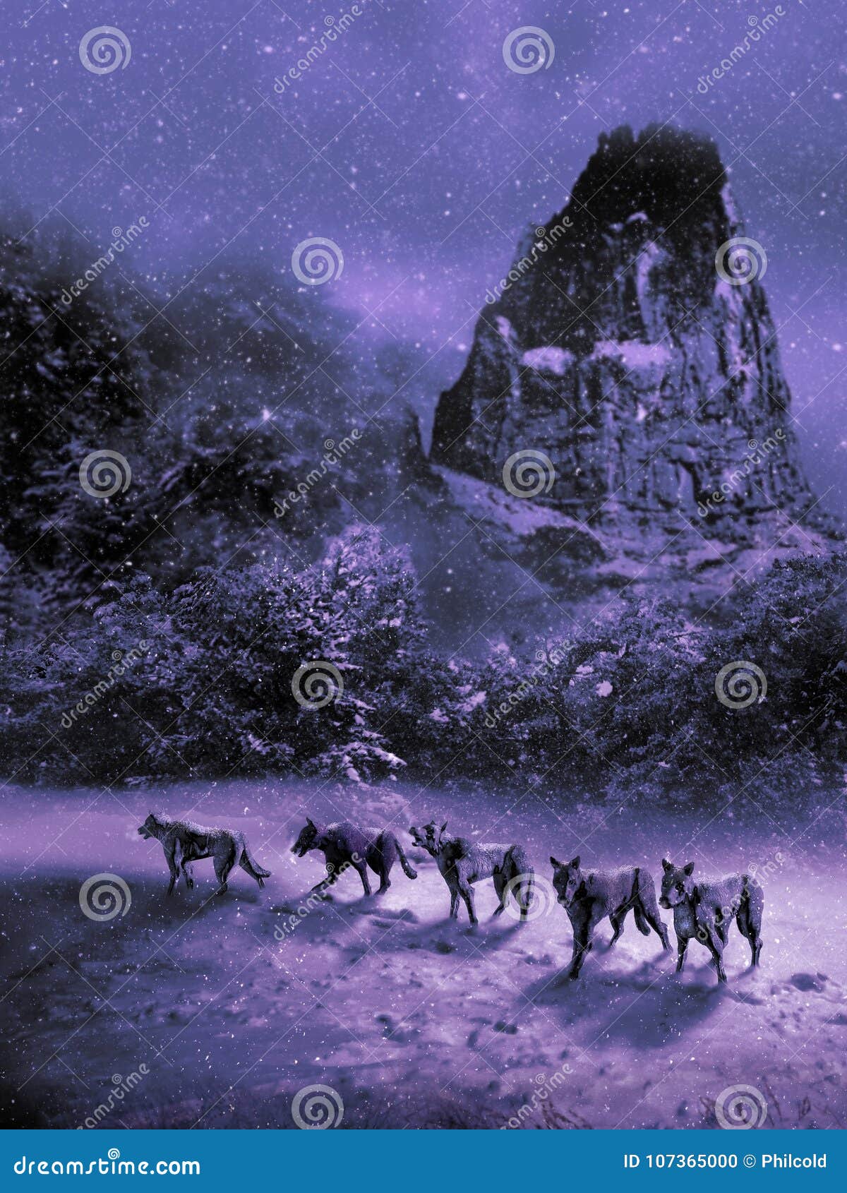 Pack of Wolves in the snow stock illustration. Illustration of misty ...
