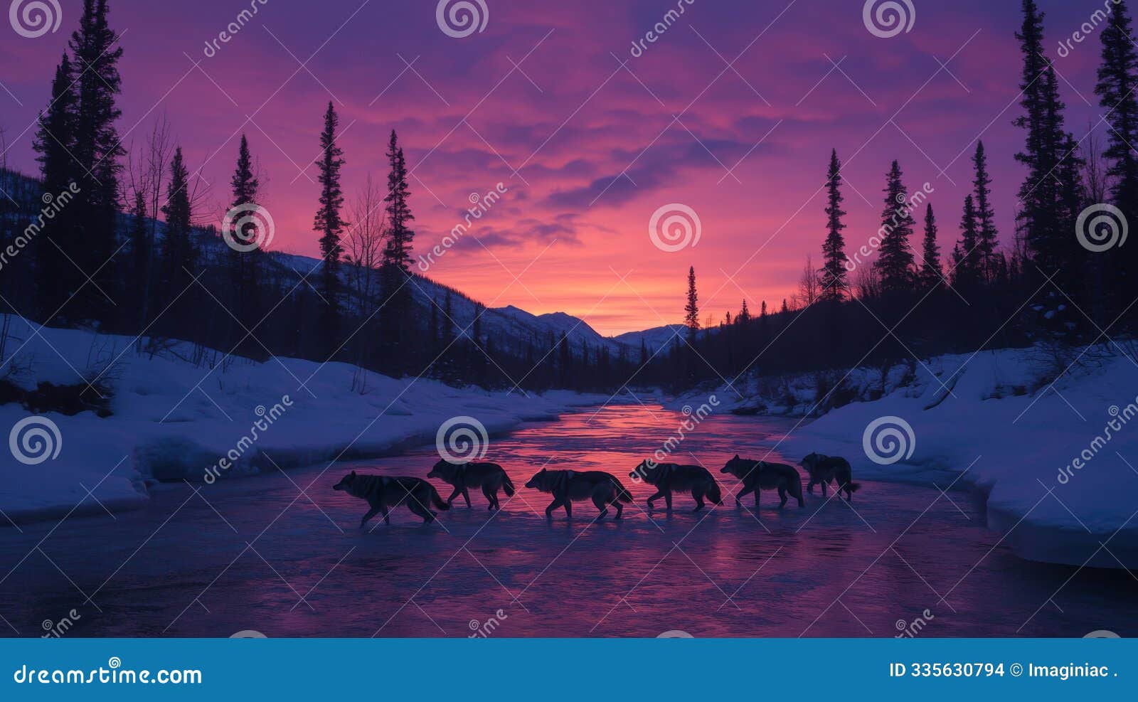 A Pack of Wolves Walking through a Frozen River at Sunset Stock ...